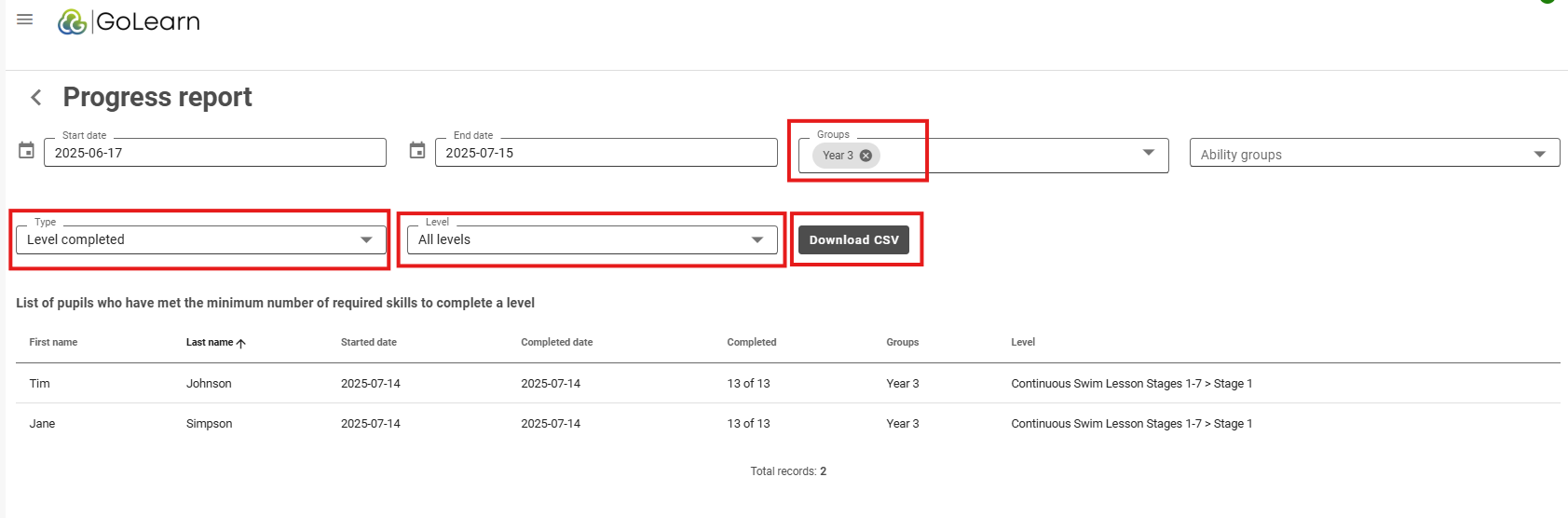 GoLearn - School Swimming Reports